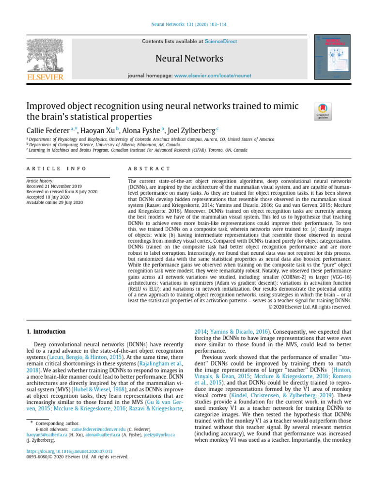 Federer2020 MimicBrainStat | PDF | Artificial Neural Network | Visual Cortex