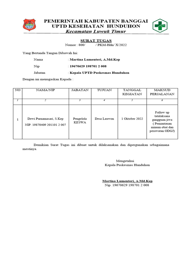 Surat Tugas BOK 2022 Okt Keswa | PDF