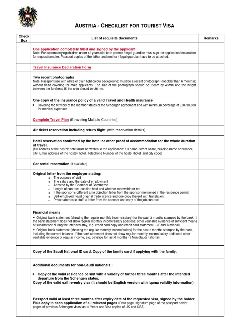 Austria Checklist For Tourism | PDF | Travel Visa | Passport