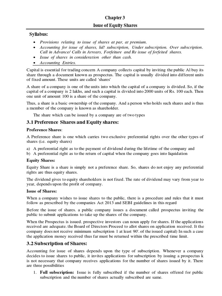 Issue of Equity Shares Syllabus:: Call in Advance/ Calls in Arrears, Forfeiture and Re Issue of ...