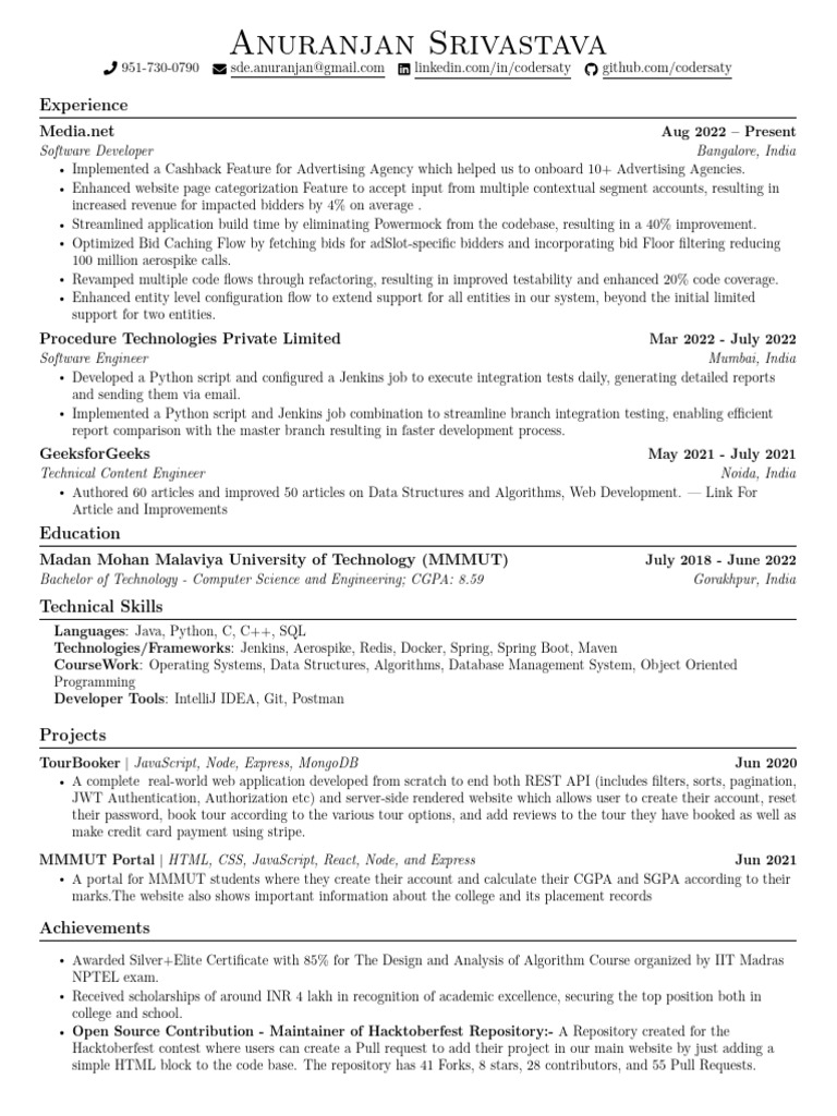 Anuranjan Srivastava Resume | PDF | Java Script | World Wide Web