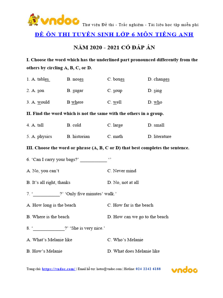 De Luyen Thi Vao Lop 6 Mon Tieng Anh Nam 2020 2021 So 4 | PDF | Home & Garden