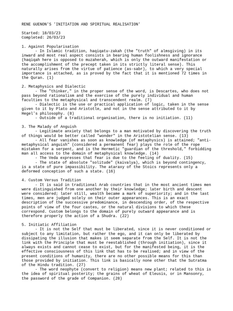 Initiation and Spiritual Realisation Notes | PDF | Metaphysics ...
