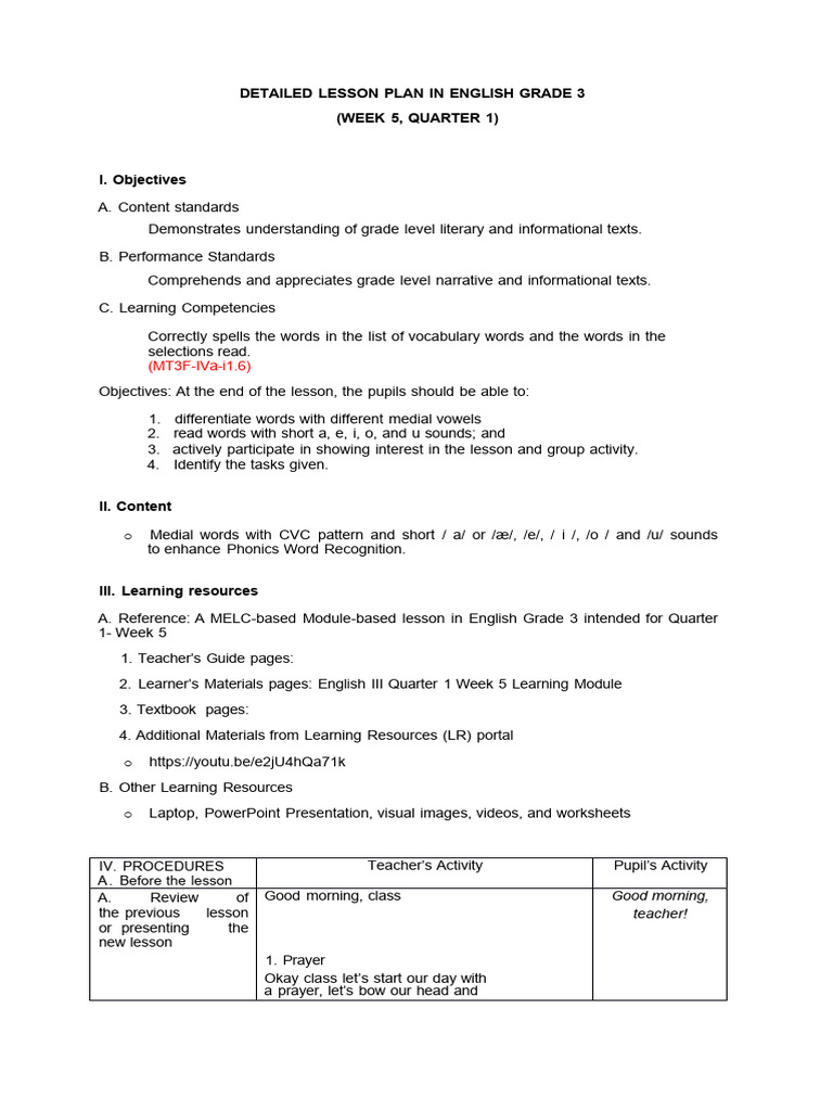 Grade 3 English Lesson Plan: Week 5 | PDF | Consonant | Lesson Plan