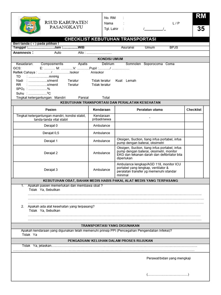 FORM CHECKLIST KEBUTUHAN TRANSPORTASI | PDF