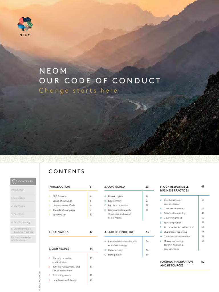 NEOM Code of Conduct Overview | PDF | Business Ethics | Discrimination