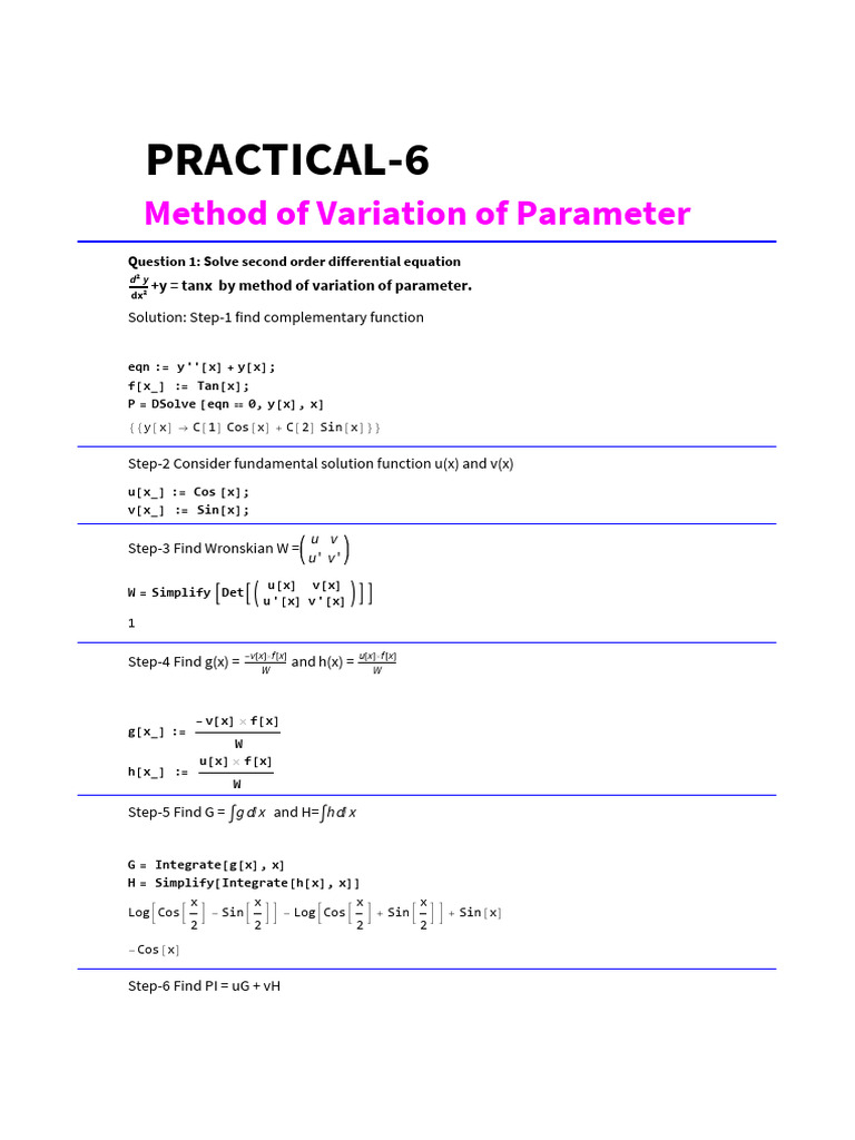 Practical-6: Method of Variation of Parameter | PDF | Ordinary Differential Equation | Mathematics