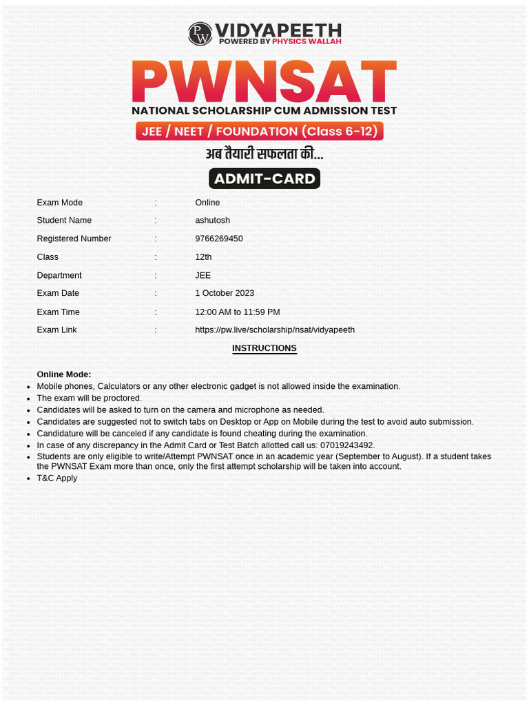 PWNSAT Exam Instructions for Students | PDF