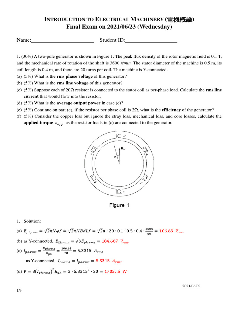 電機 期末 109 | PDF | Electric Generator | Power (Physics)