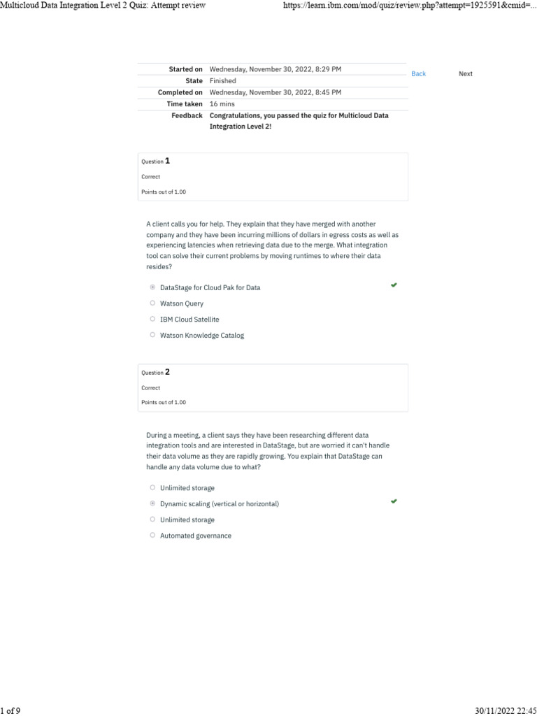 Multicloud Data Integration Level 2 Quiz Attempt Review PDF | PDF | Data | Databases