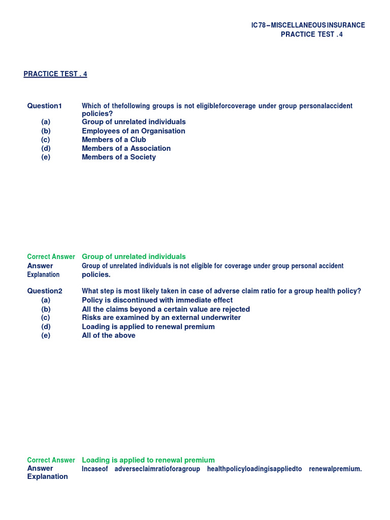 IC 78 - Miscellaneous Insurance Practice: Correct Answer Group of ...