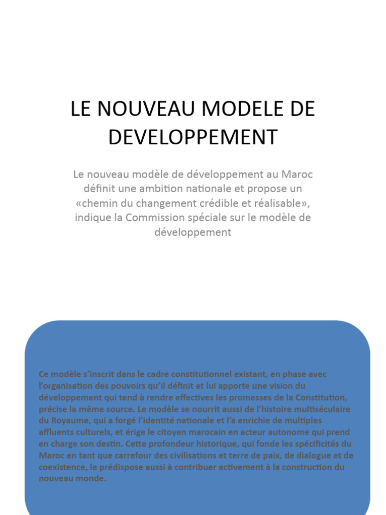 Le Nouveau Modele de Developpement | PDF | Maroc | Développement durable Le Nouveau Modele de Developpement | PDF | Maroc | Développement durable