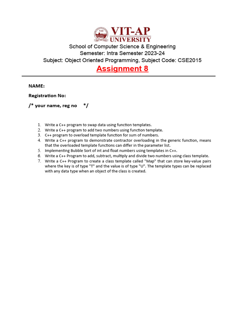 Assignment 8: C++ Template Programming | PDF