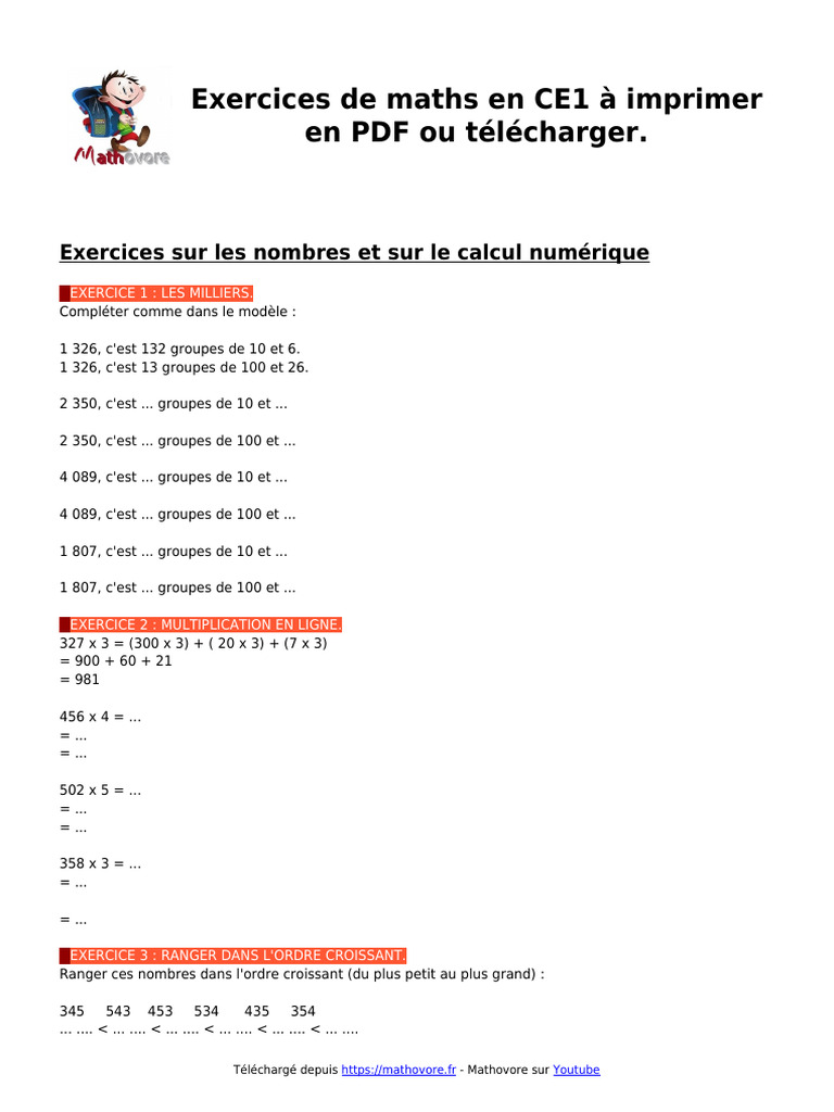 Exercices de Maths en Ce1 A Imprimer en PDF Ou Telecharger | PDF
