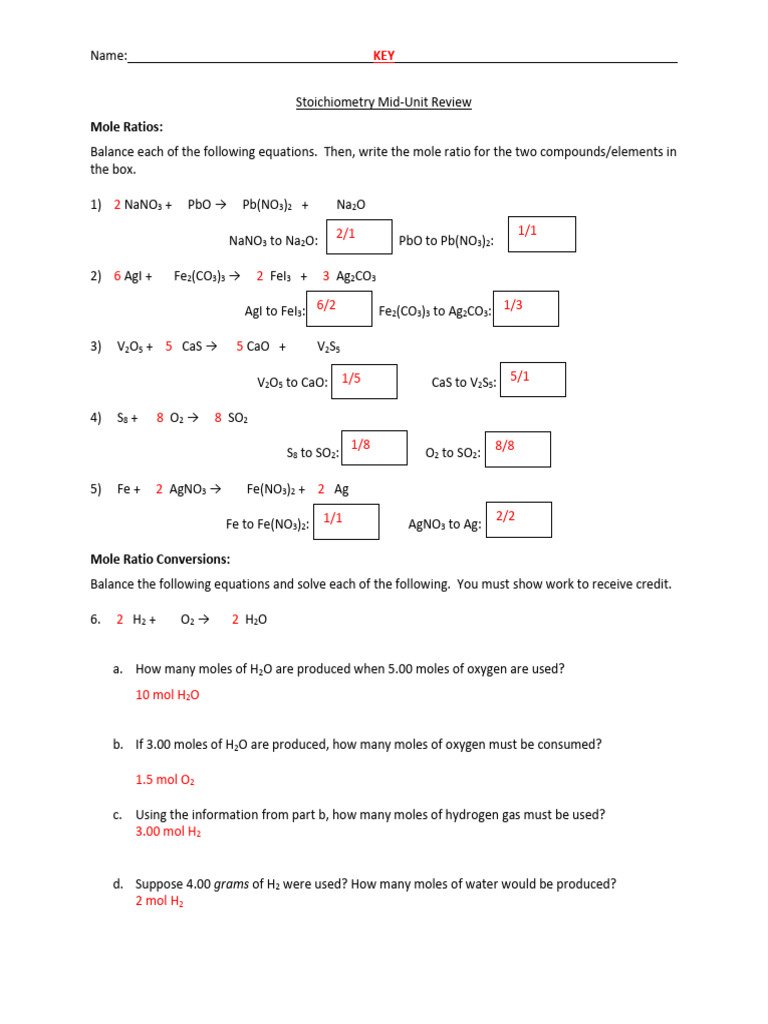 Stoichiometry Mid-Unit Review Key 1617 | PDF | Mole (Unit) | Stoichiometry
