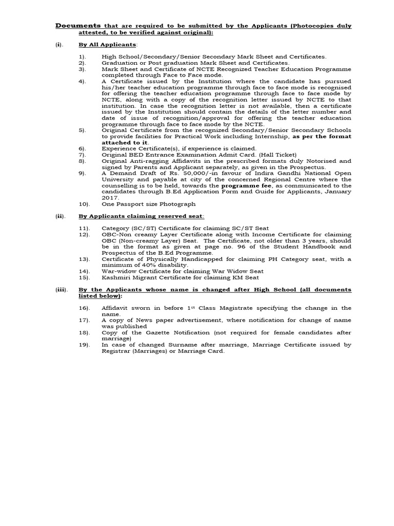 List of Documents Required During Counselling | PDF