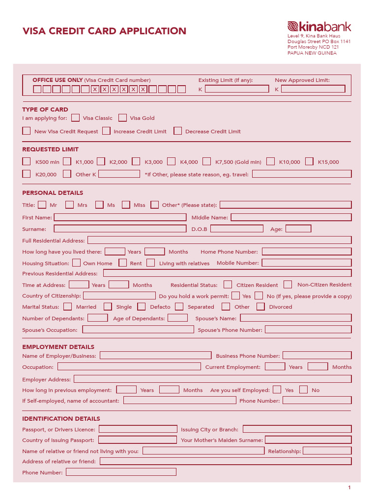 Kina Bank Visa Credit Card Application No-Cover | PDF