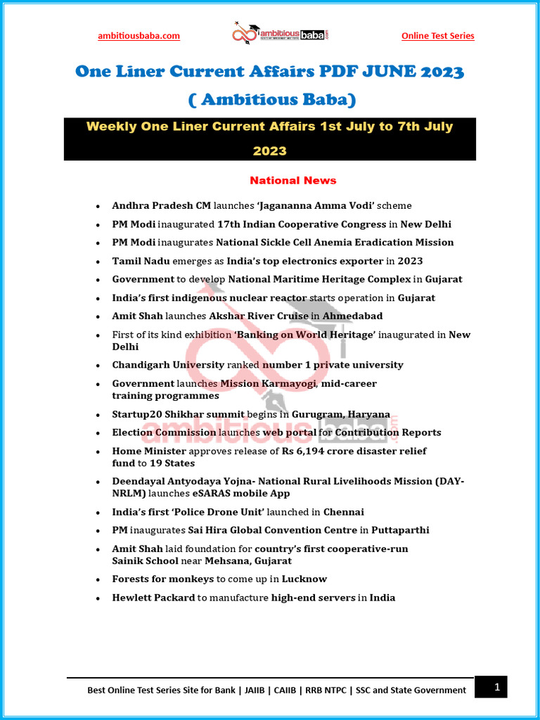 One Liners July 2023 Ambitious Baba | Download Free PDF | Narendra Modi ...