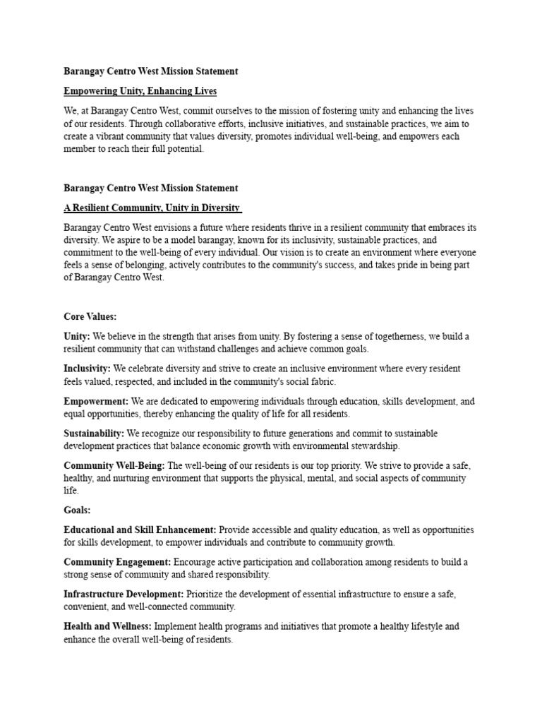 Barangay Centro West Mission, Vision, Core-Values and Goals | PDF ...
