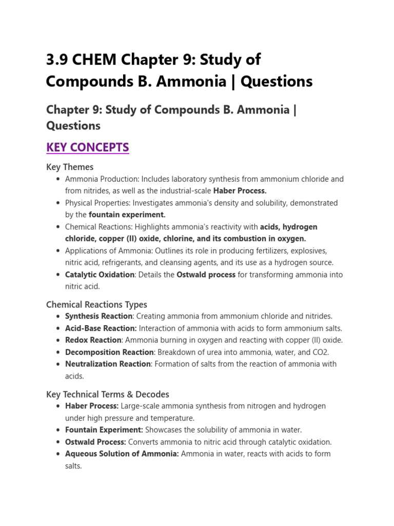 1.9. CHEM FINAL Chapter 9 Ammonia | PDF | Ammonia | Chemical Reactions