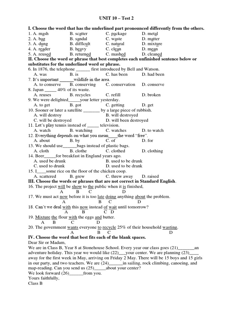 Unit 10 Test 1 | PDF | Waste | Recycling