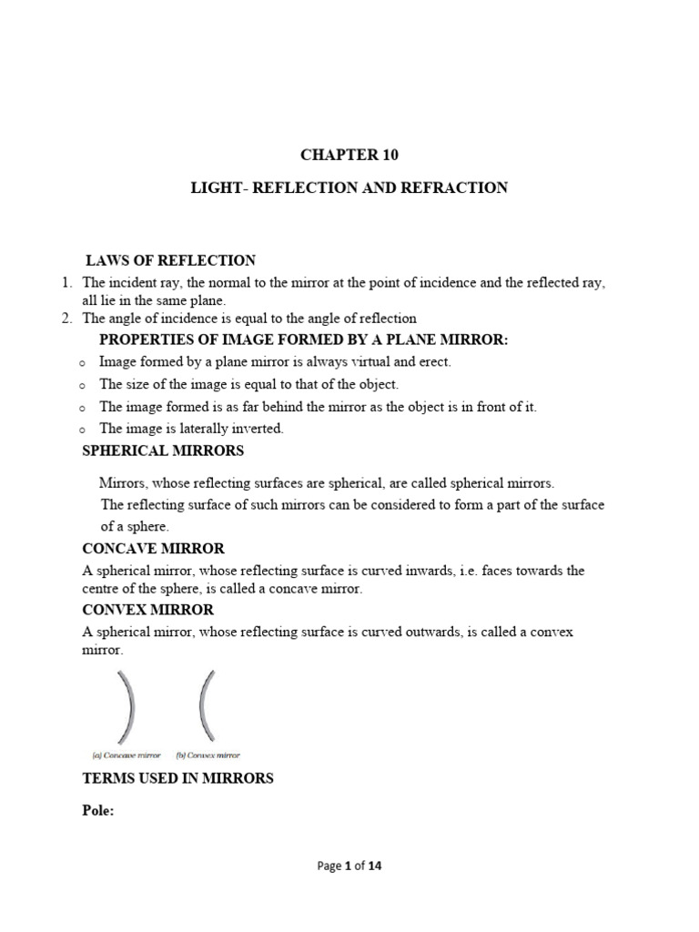 CHAPTER 10 Light-Reflection and Refraction | PDF | Mirror | Refractive ...