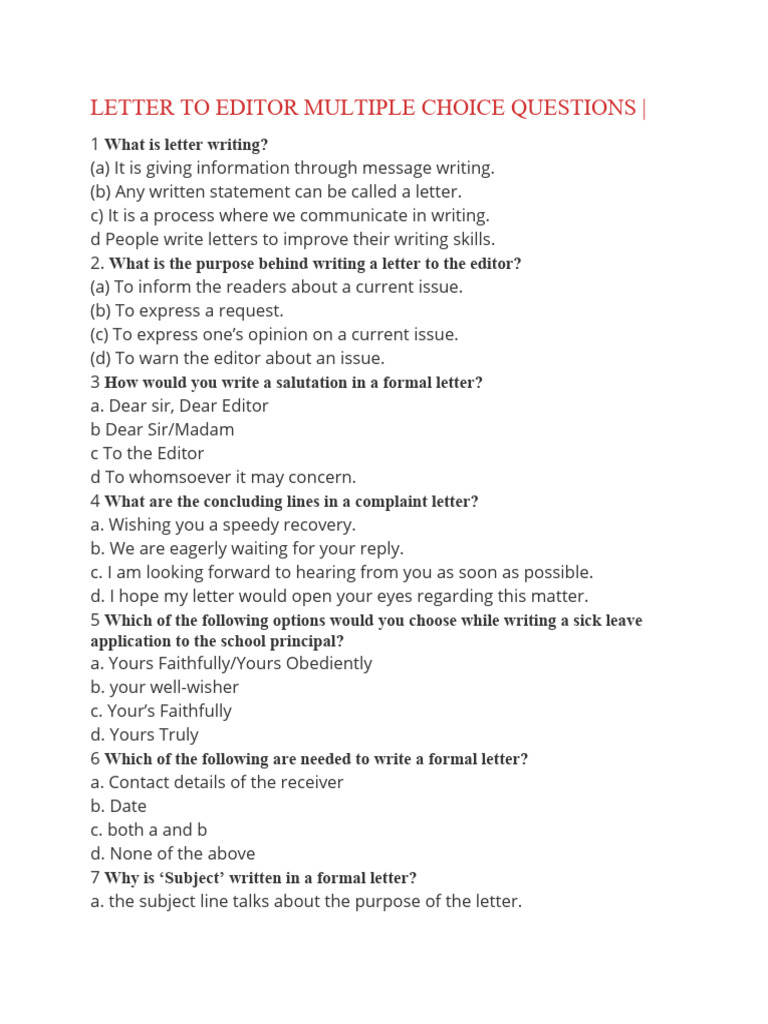 Letter To Editor Multiple Choice Questions | PDF