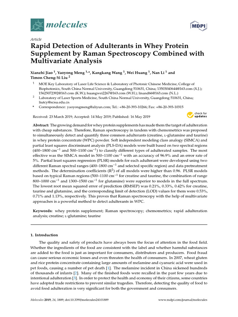 Jiao 2019 Rapid Detection of Adulterants in Whey Protein Supplement by Ramann Combined With ...
