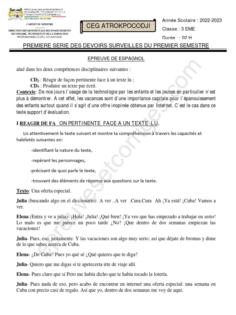 1er Devoir Du 1er Semestre Espagnol 3ème 2022-2023 Ceg Atrokpocodji | PDF