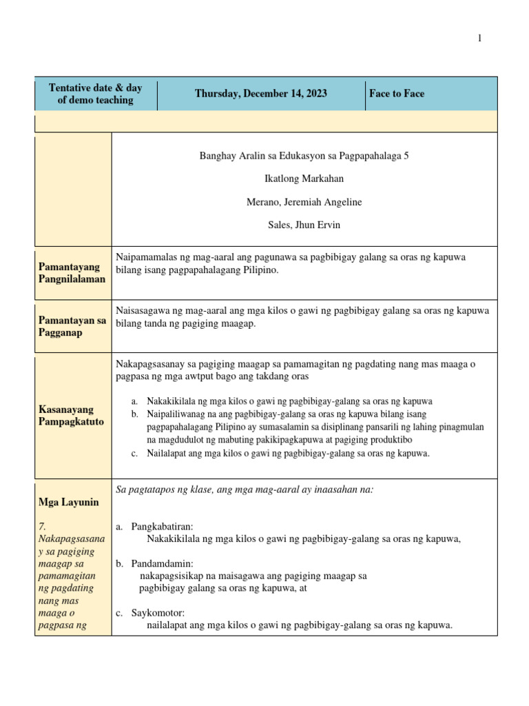 Tentative Date & Day of Demo Teaching Thursday, December 14, 2023 Face To Face | PDF