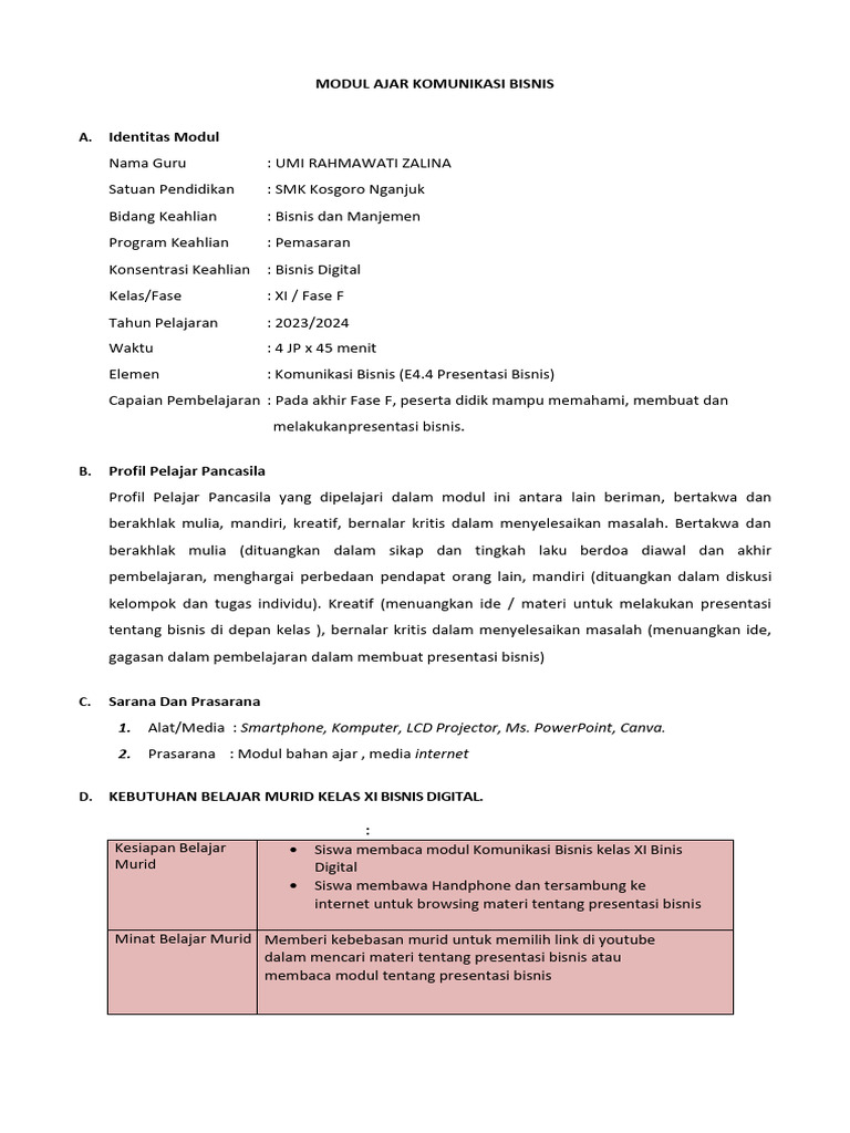 Modul Ajar (RPP) Komunikasi Bisnis Berdiferensiasi Umi Rahma CGP Angk 9 | PDF