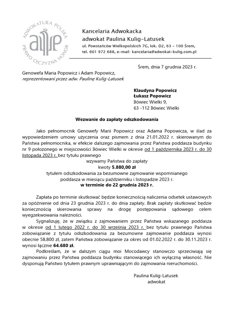 Popowicz-Naliczenie Z Kancelarii13 | PDF