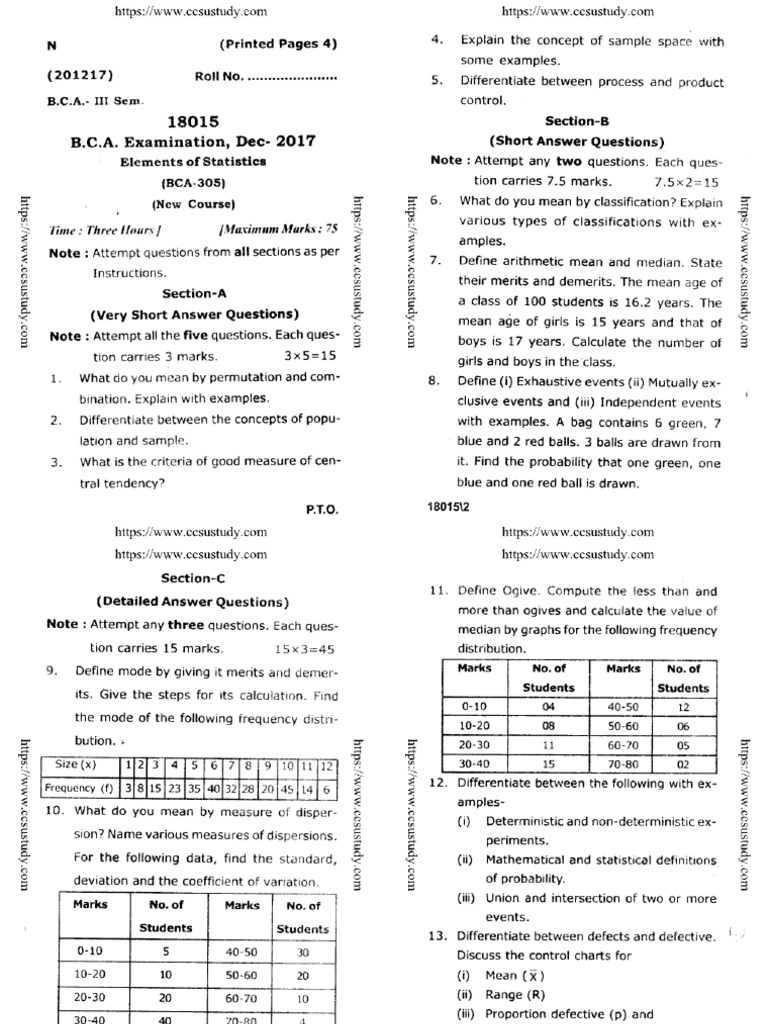 Bca 3 Sem Elements of Statistics 18015 Dec 2017 | PDF