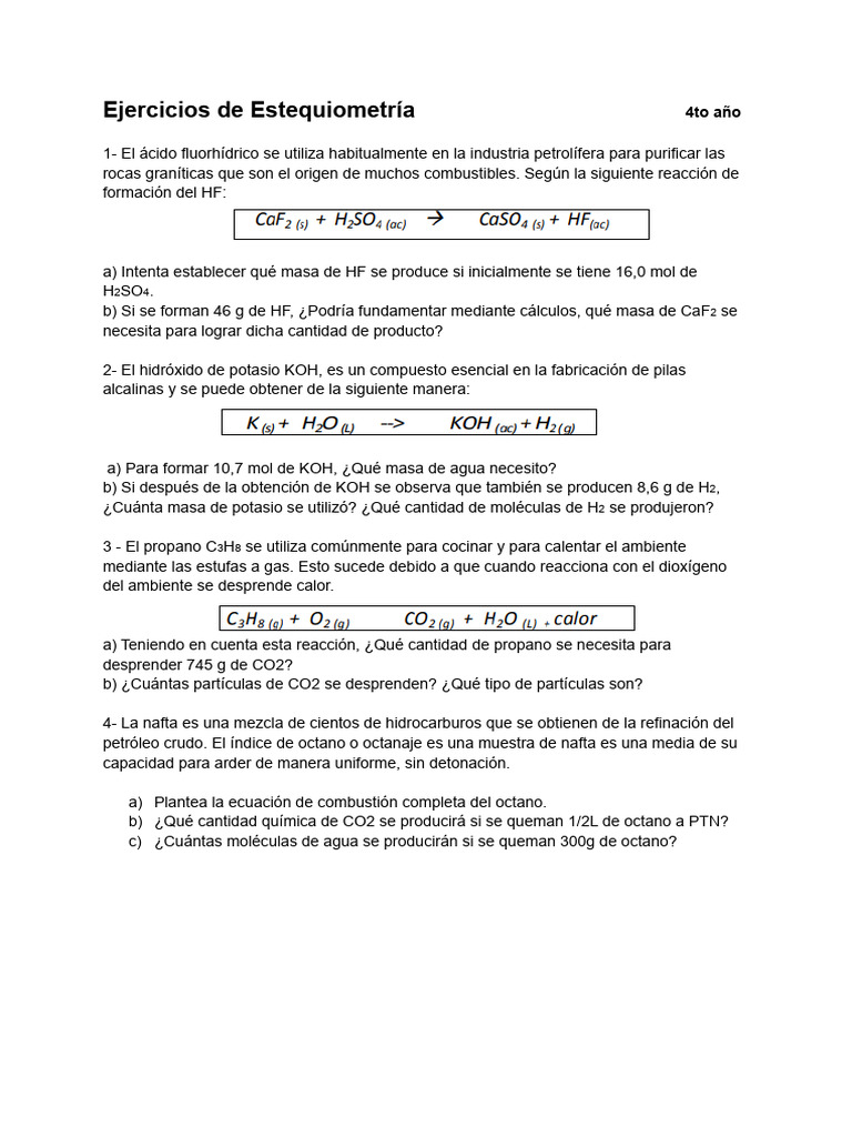 Ejercicios de Estequimetría 4to | PDF