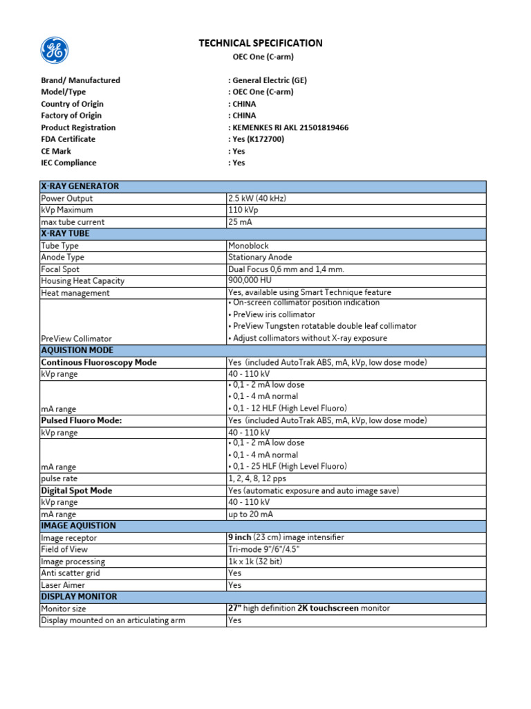 GE OEC One Specification | PDF | Computer Monitor | Information And Communications Technology