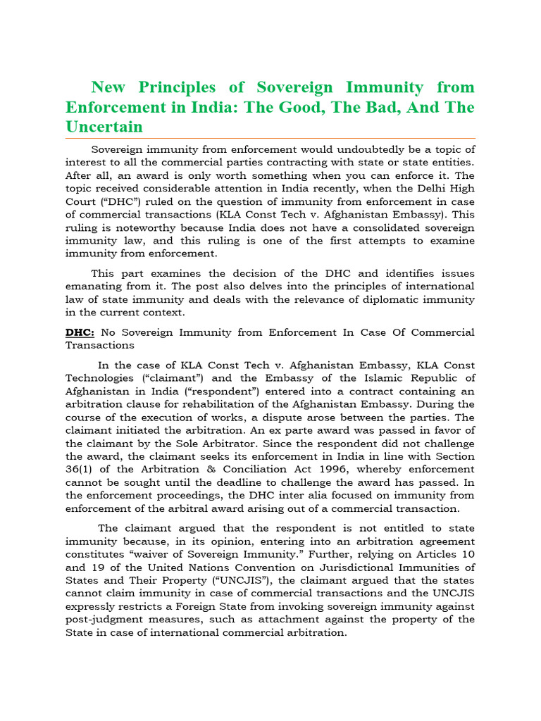 New Principles of Sovereign Immunity From Enforcement in India | PDF ...