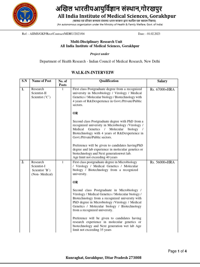 MRU Recruitment Advertisement 01.02.2023 | PDF | Biotechnology | Laboratories