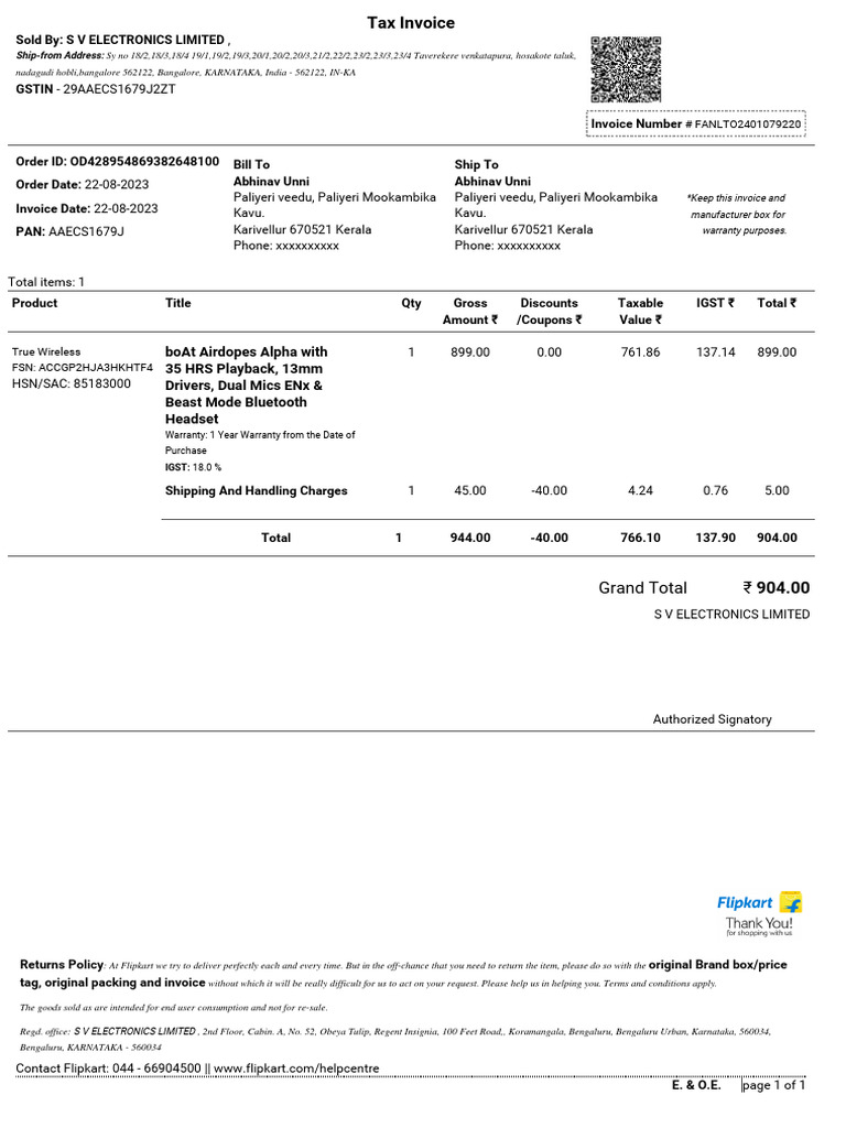 Invoice for boAt Airdopes Alpha Purchase | PDF | Taxes | Economies