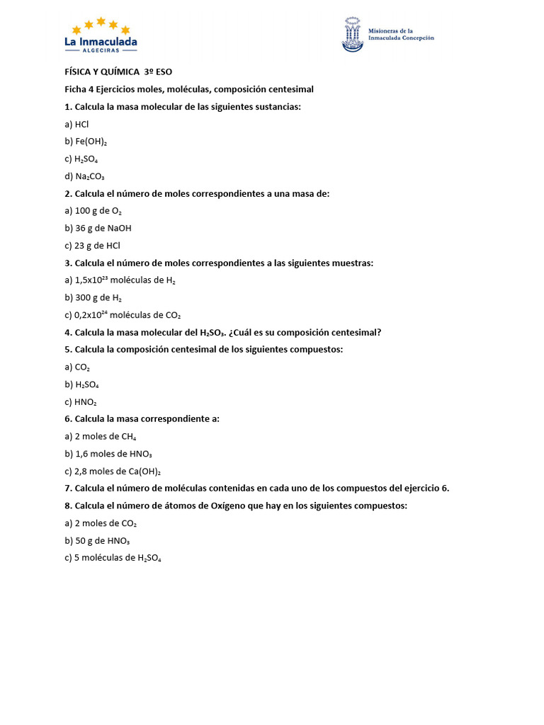 Ejercicios de Moles y Composición Centesimal | PDF | Ciencia y matemáticas