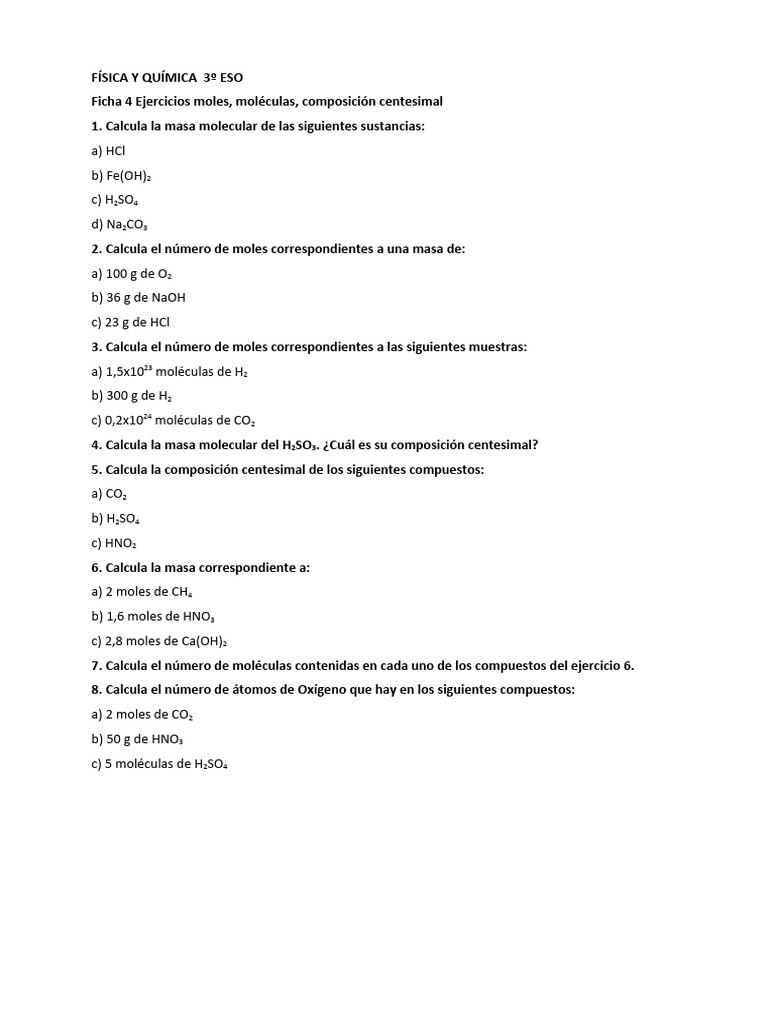 Ejercicios de Moles y Composición 3º ESO | PDF | Ciencia y matemáticas ...