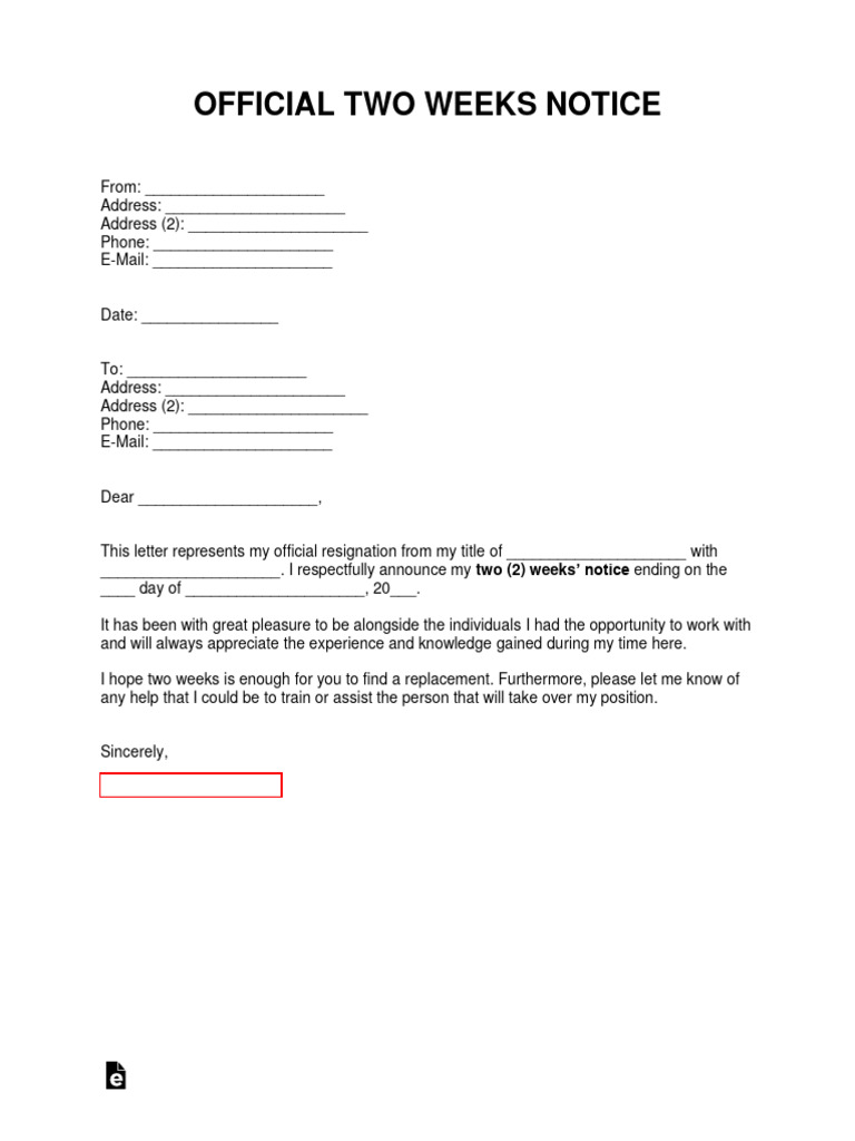Two Weeks Notice Letter | PDF