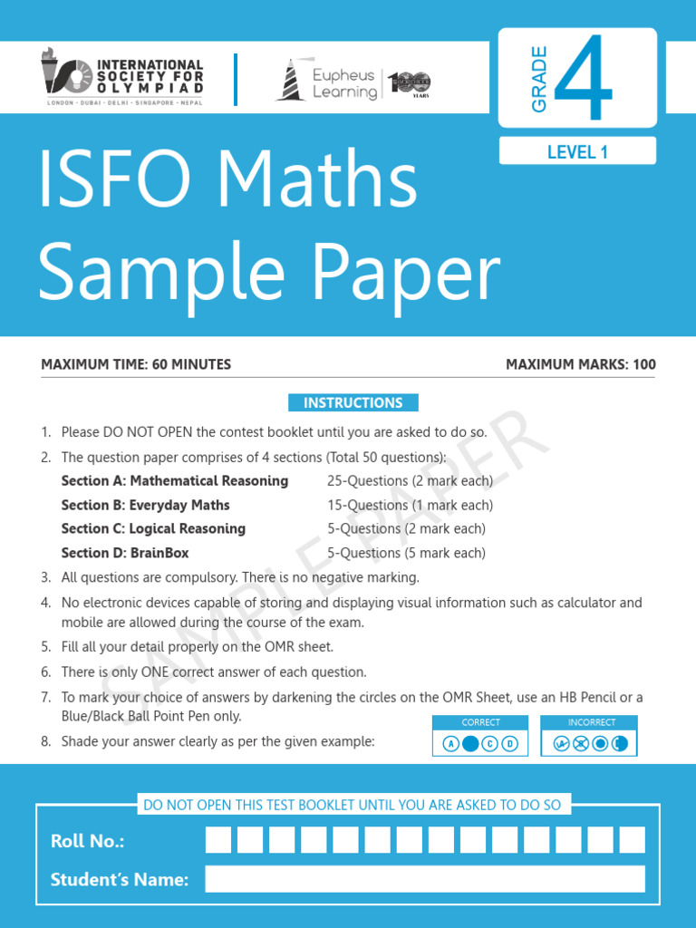 IMO Sample Paper CL 4 | PDF | Mathematics
