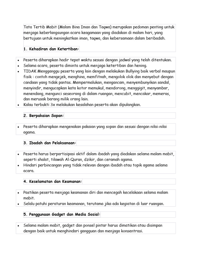 Tata Tertib Kegiatan Mabit Anak SD | PDF