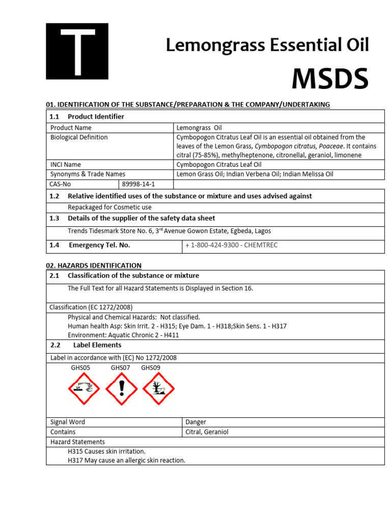 Lemongrass Essential Oil MSDS Guide | PDF | Dangerous Goods | Personal ...