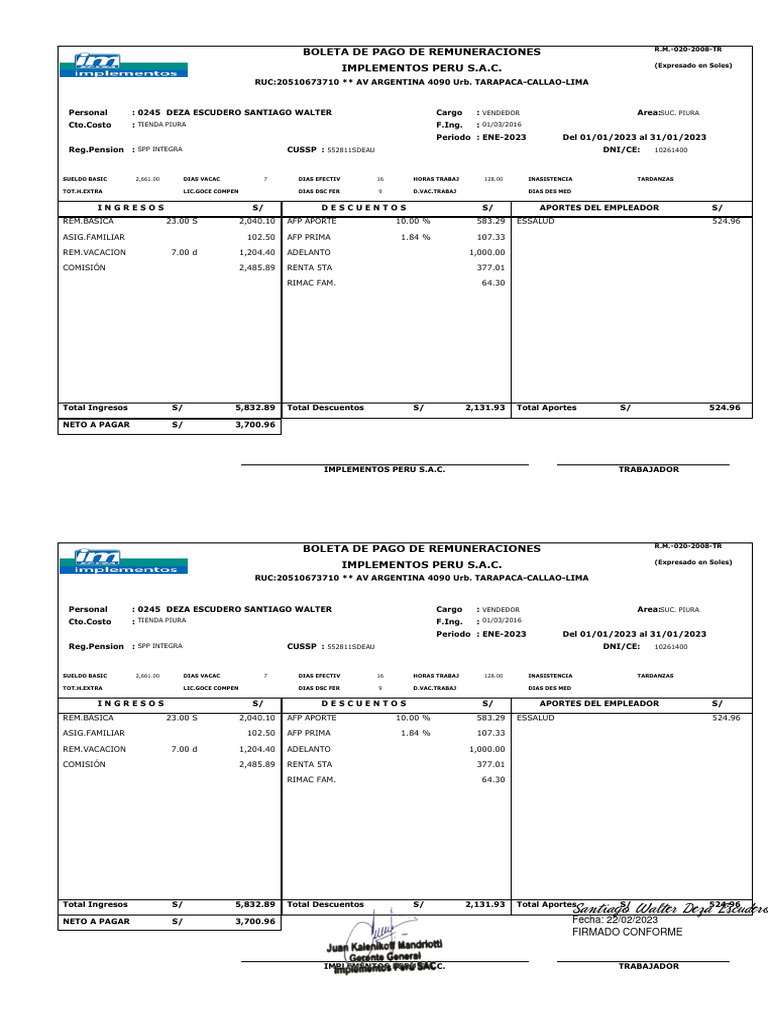 Boleta de Pago de Remuneraciones Implementos Peru S.A.C.: Vendedor Suc ...