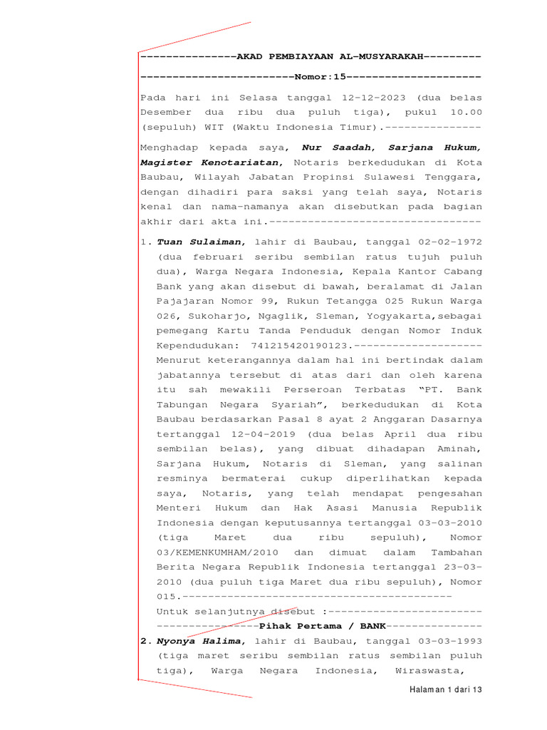 Contoh Akta Akad Pembiyaan Al-Musyarakah | PDF