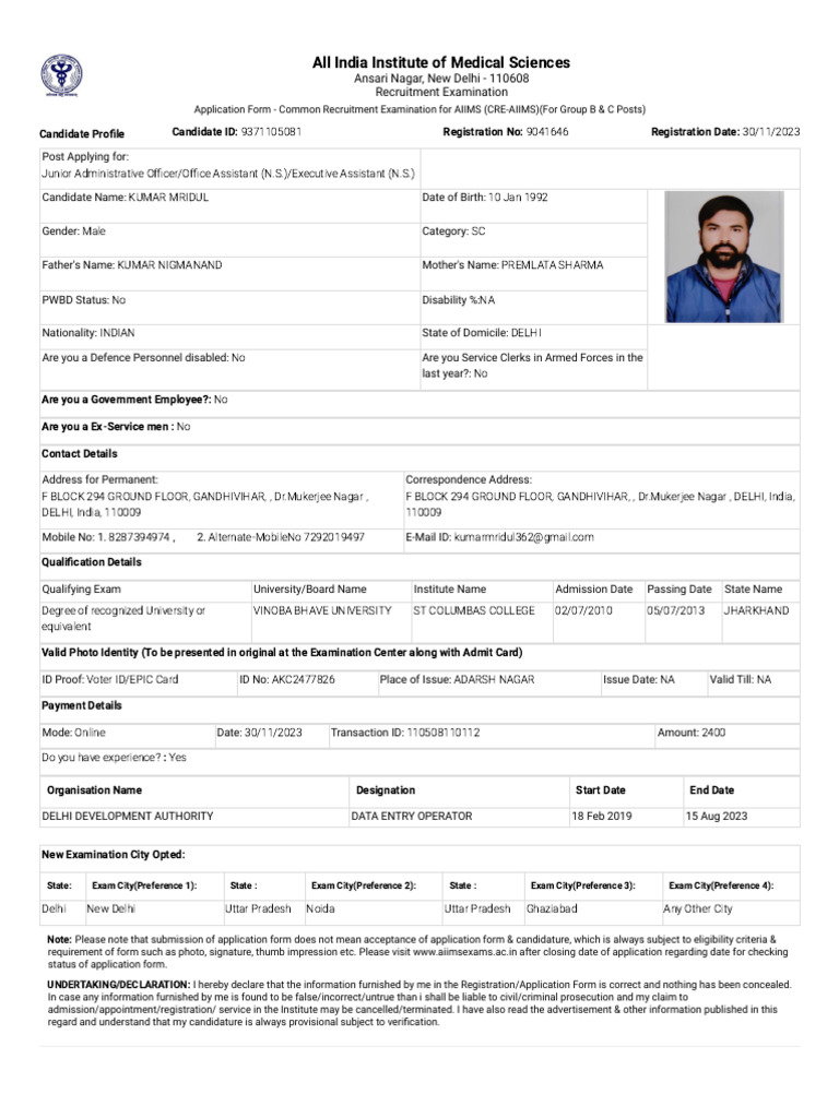 Aiims Jao Form | PDF | Government