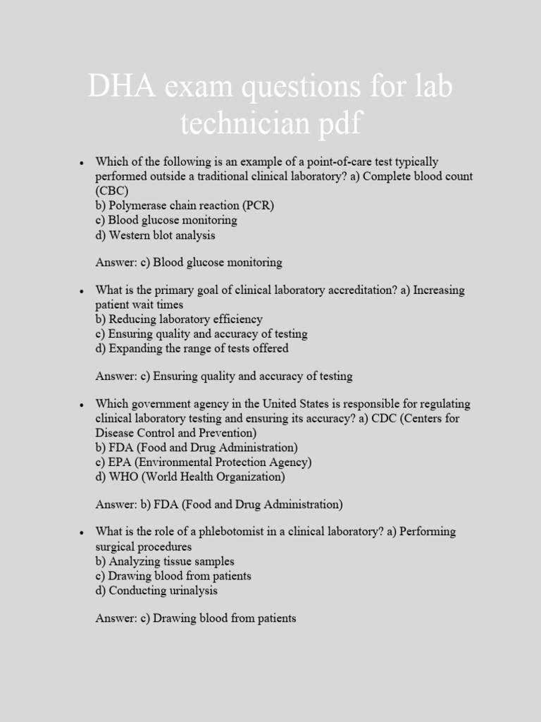 DHA Exam Questions For Lab Technician PDF 1 | PDF | Medical Laboratory ... DHA Exam Questions For Lab Technician PDF 1 | PDF | Medical Laboratory ...