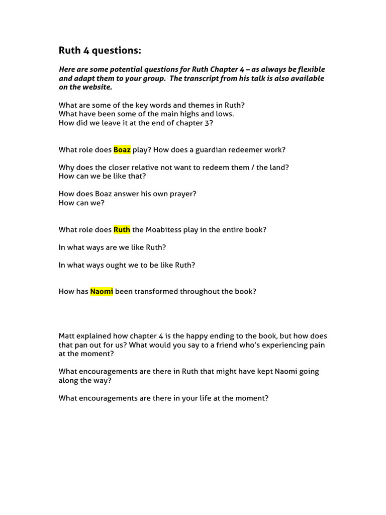 Questions for Ruth Chapter 4 Study | PDF | Language Arts & Discipline ...