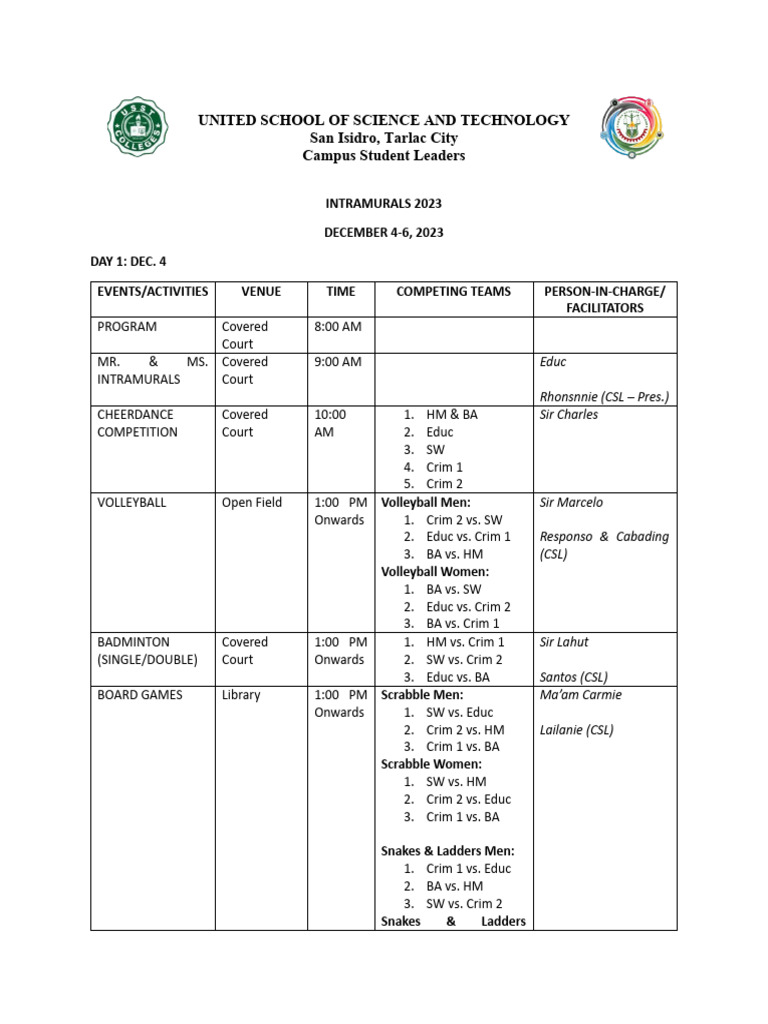 Intrams 2023 Schedule | PDF